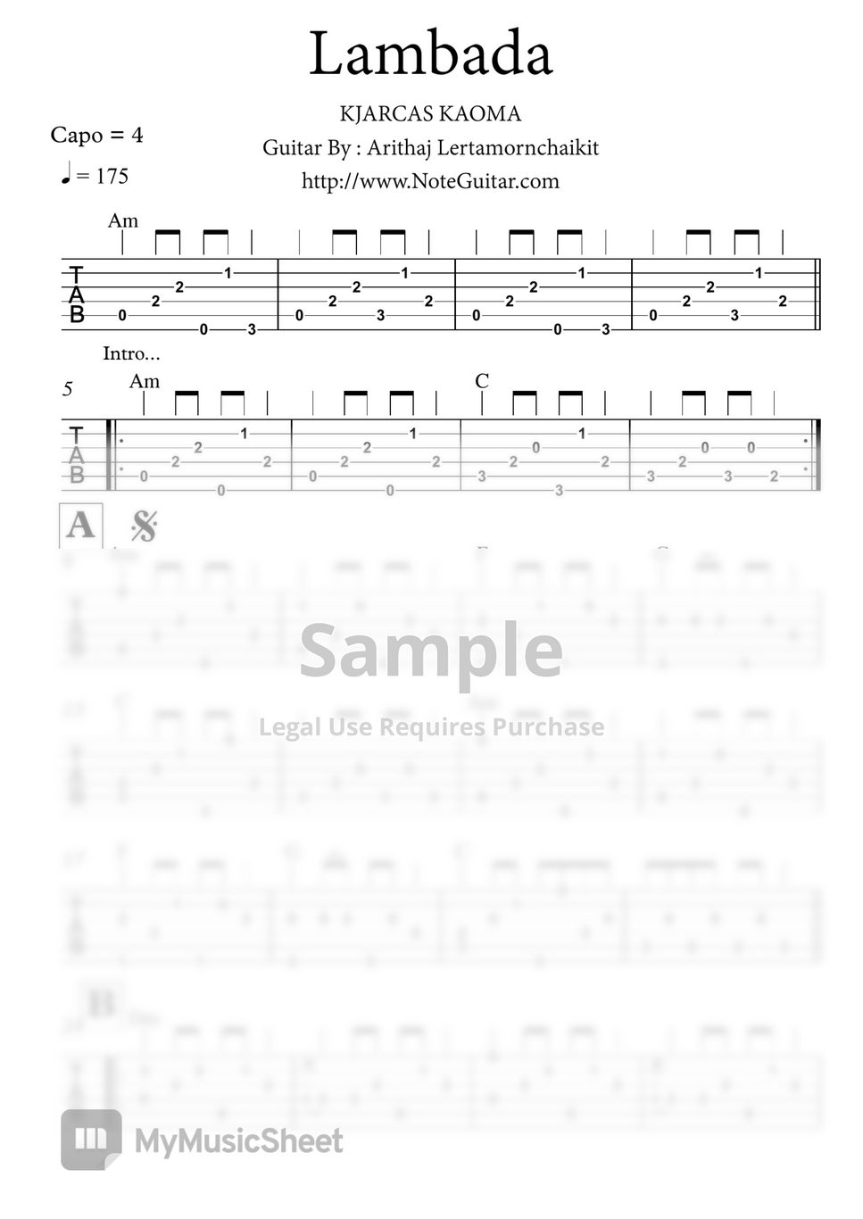 (KJARCAS KAOMA) - Lambada - Fignerstyle Guitar TAB by Arithaj Lk