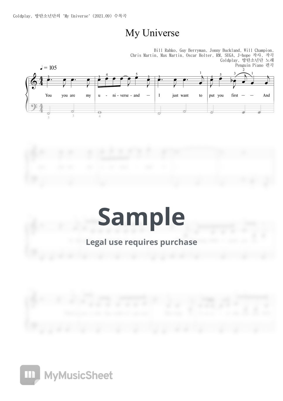 BTS, Coldplay - My Universe ((Piano / Easy Version)) Sheets by Penguin ...
