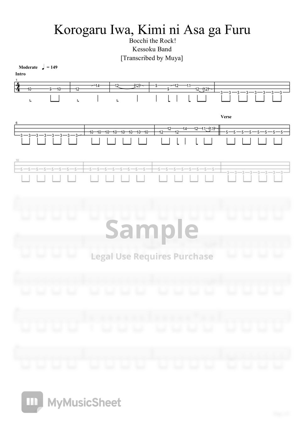 Kessoku Band - Korogaru Iwa, Kimi ni Asa ga Furu (Bass TAB) 악보 by Muya ...
