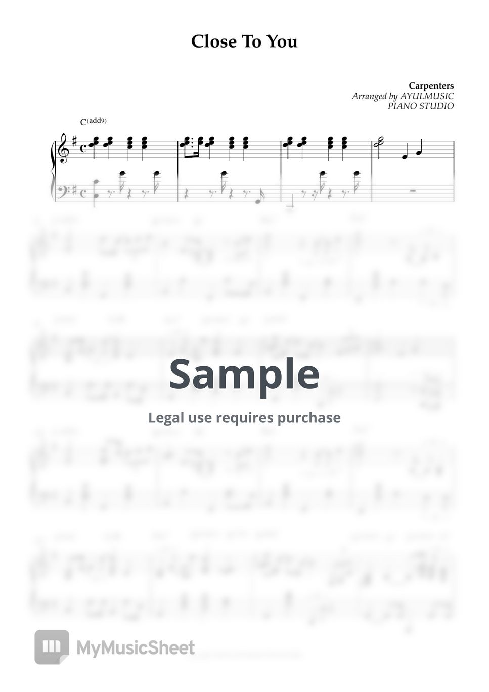 Carpenters - Close To You (1절/ 코드 포함) 악보 by AYULMUSIC PIANO STUDIO