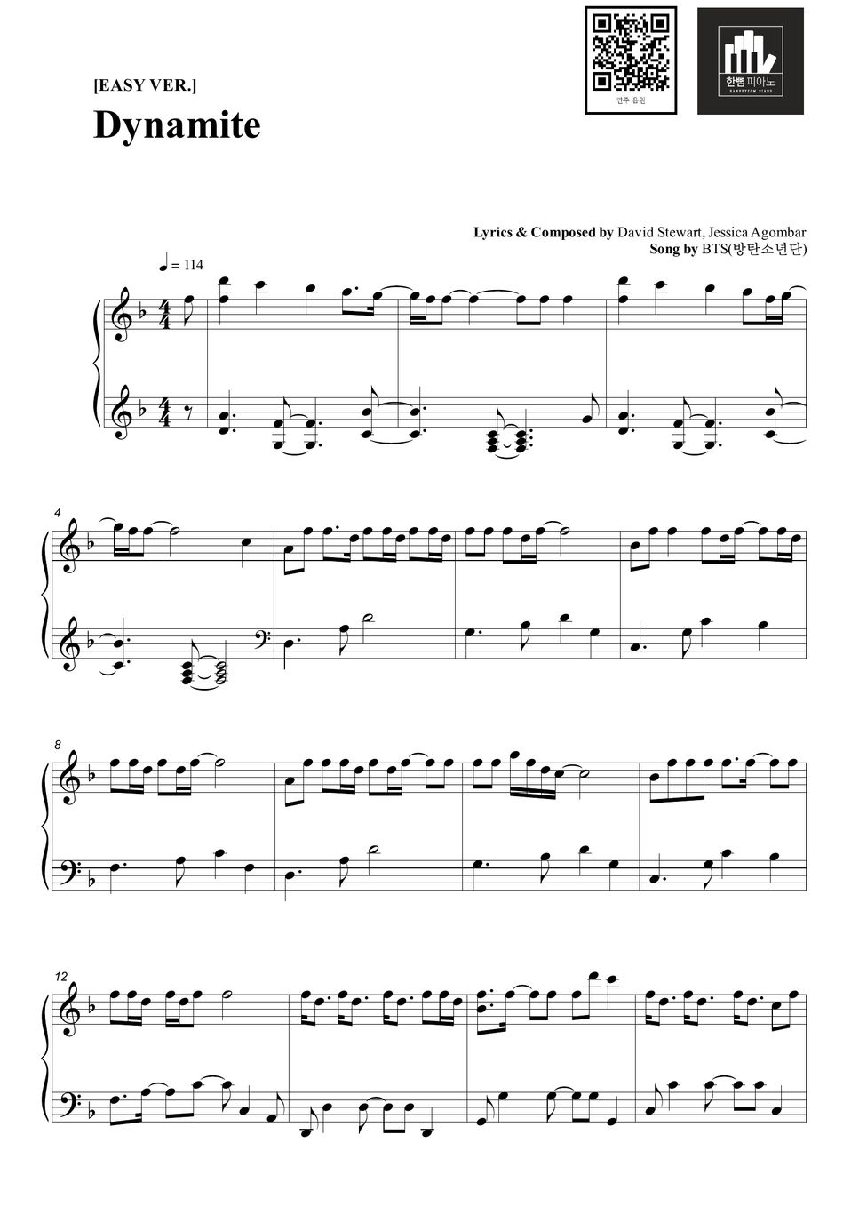 Bts 방탄소년단 Dynamite [easy Ver ] Sheets By Hanppyeompiano