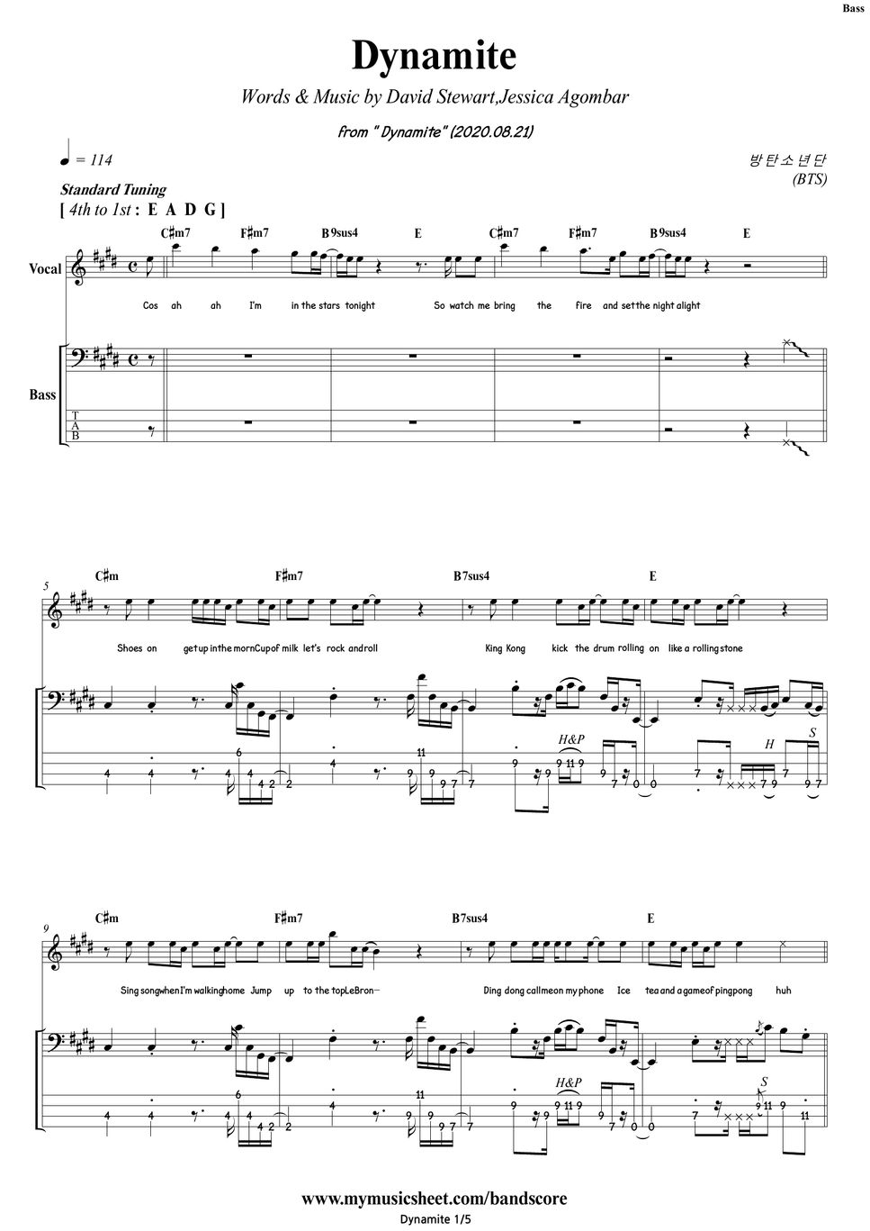 BTS - Dynamite | Bass/Backing Track TAB