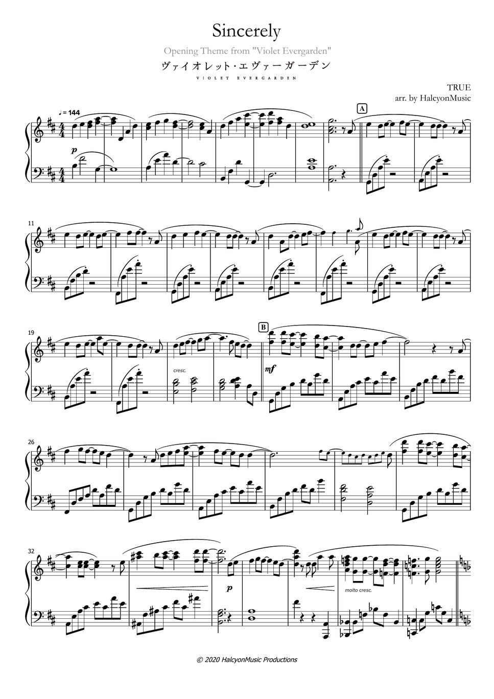 TRUE - Sincerely (Violet Evergarden OP) Sheet by HalcyonMusic