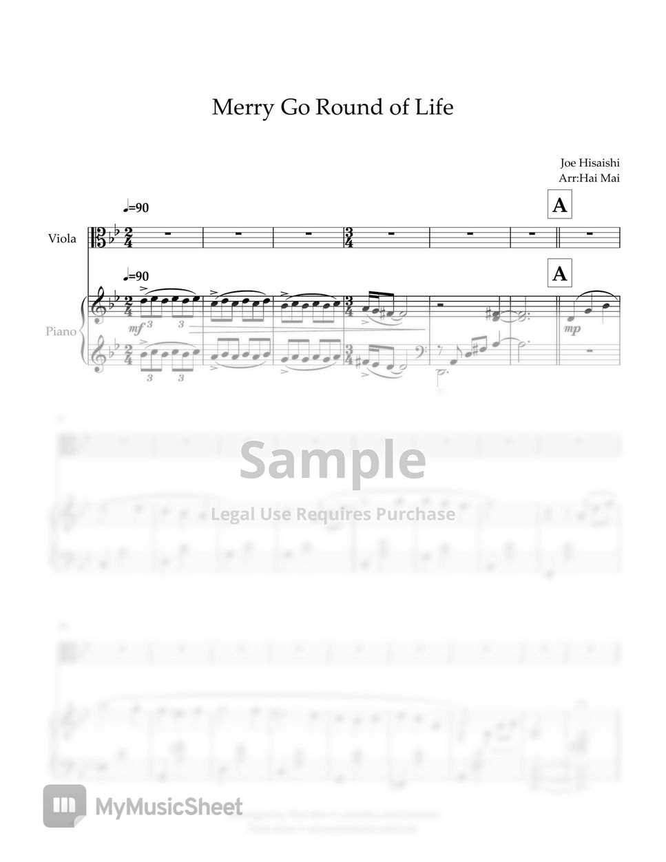 Joe Hisaishi - Merry Go Round of Life for Viola solo (easy) and Piano ...