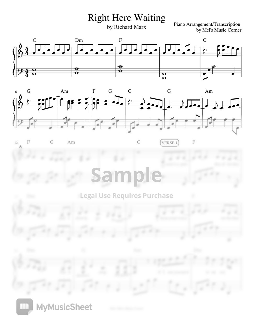 Richard Marx - Right Here Waiting (piano sheet music) Partitura by Mel ...