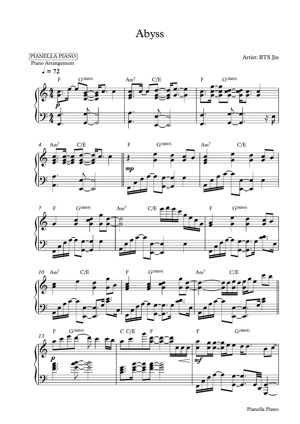 BTS Jin - Abyss (Piano Sheet) Hoja by Pianella Piano