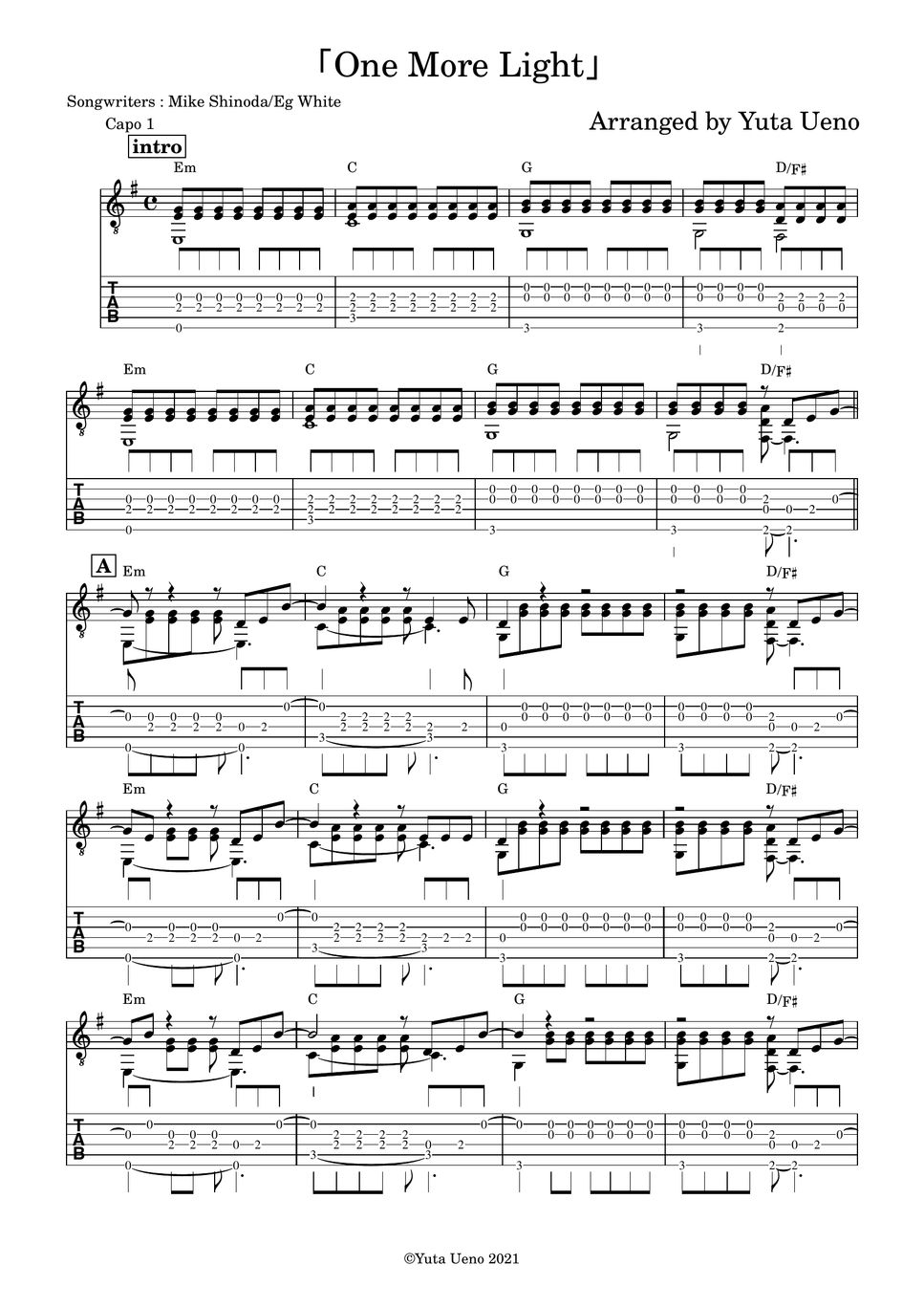 Linkin Park - One More Light (Fingerstyle) Lembar Musik by Yuta Ueno