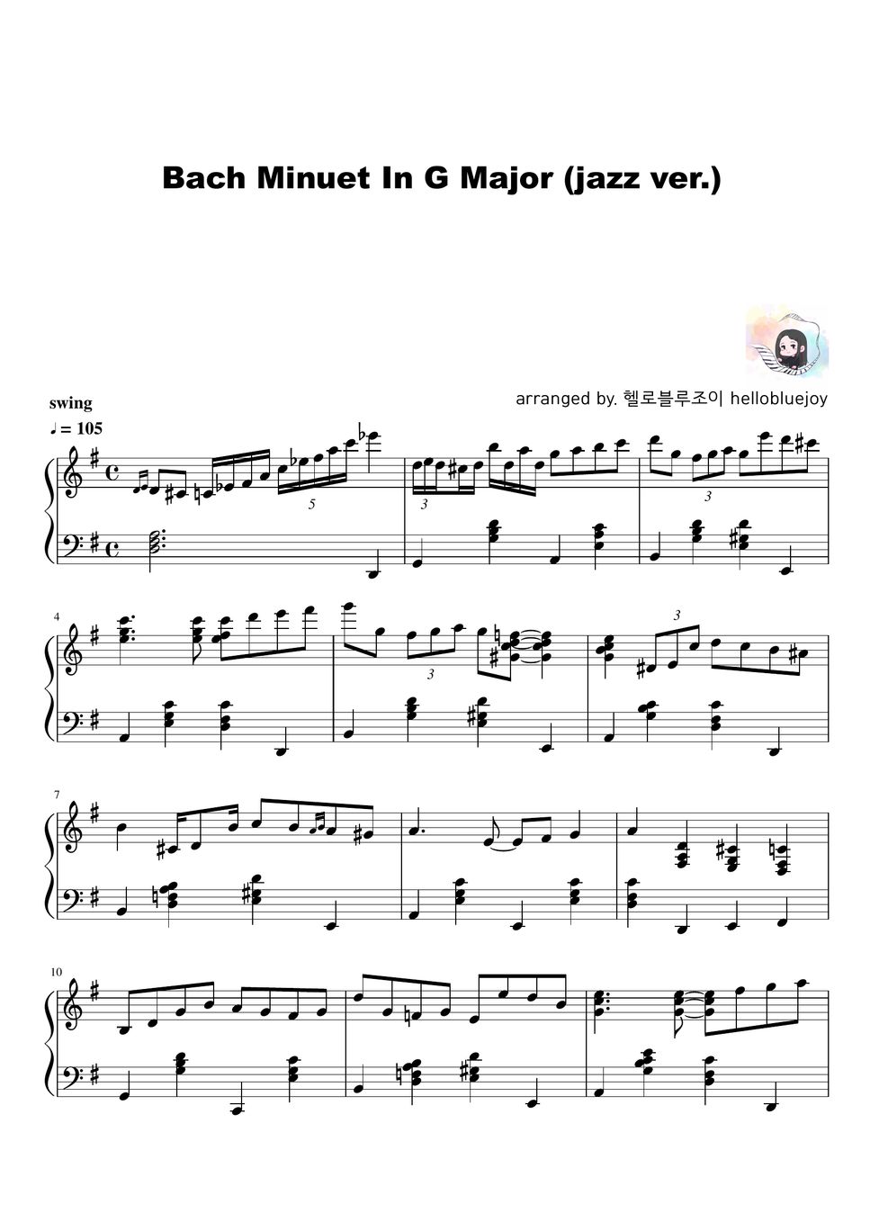 J. S. Bach - Minuet In G Major (jazz ver.) 악보 by 헬로블루조이 hellobluejoy