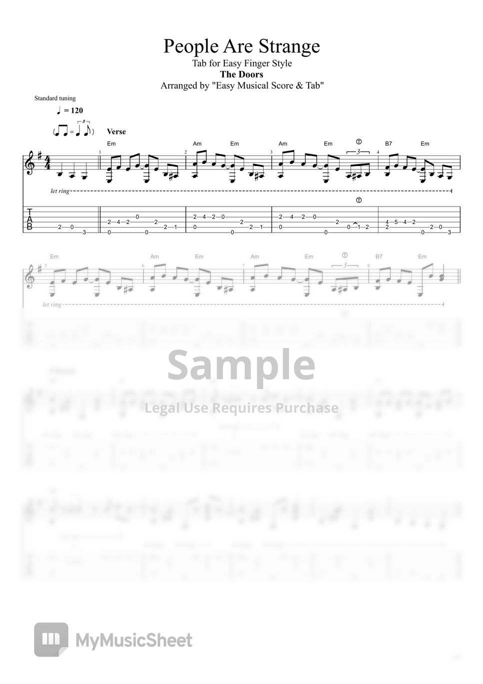 The Doors - People Are Strange (Tab for Easy Finger Style) TAB+1 Staff by Easy Musical Score & Tab