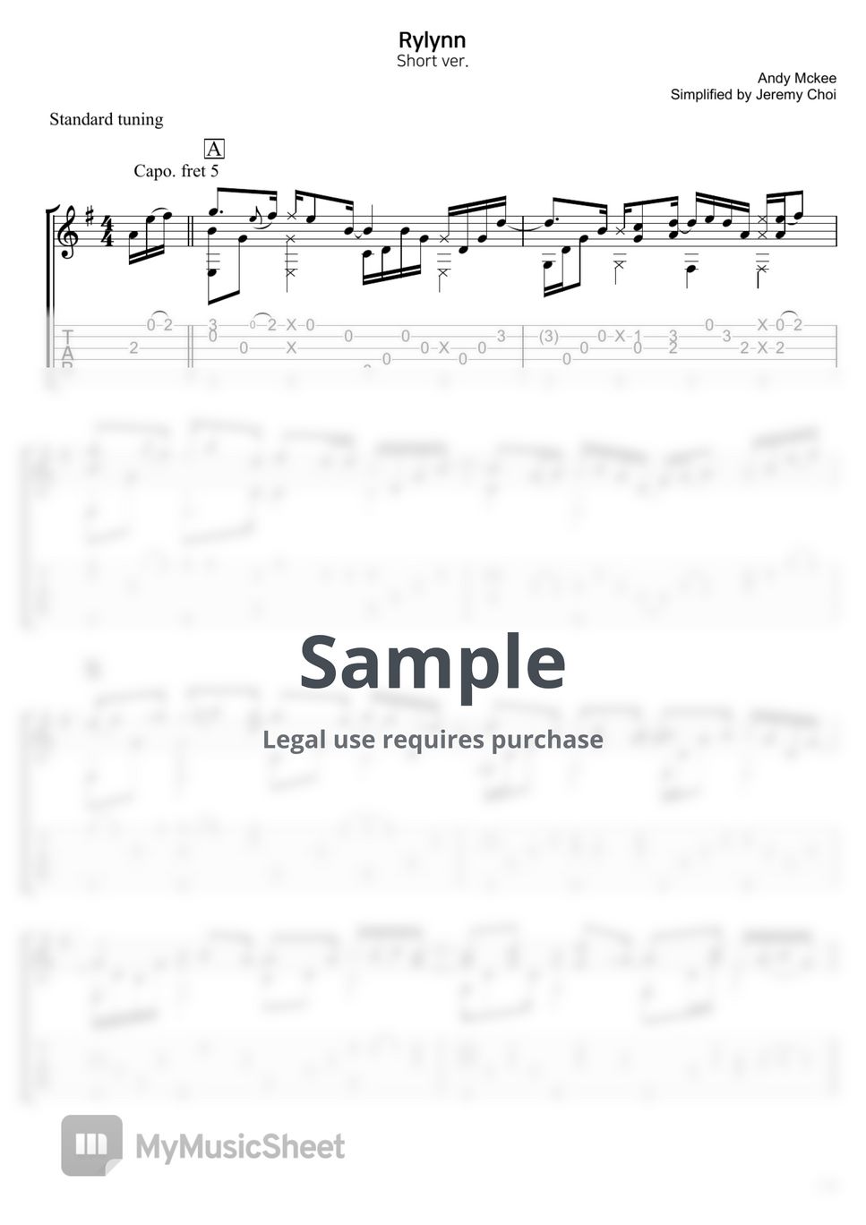 Andy Mckee - Rylynn (Standard Tuning) TAB+1 Staff by Jeremy Choi