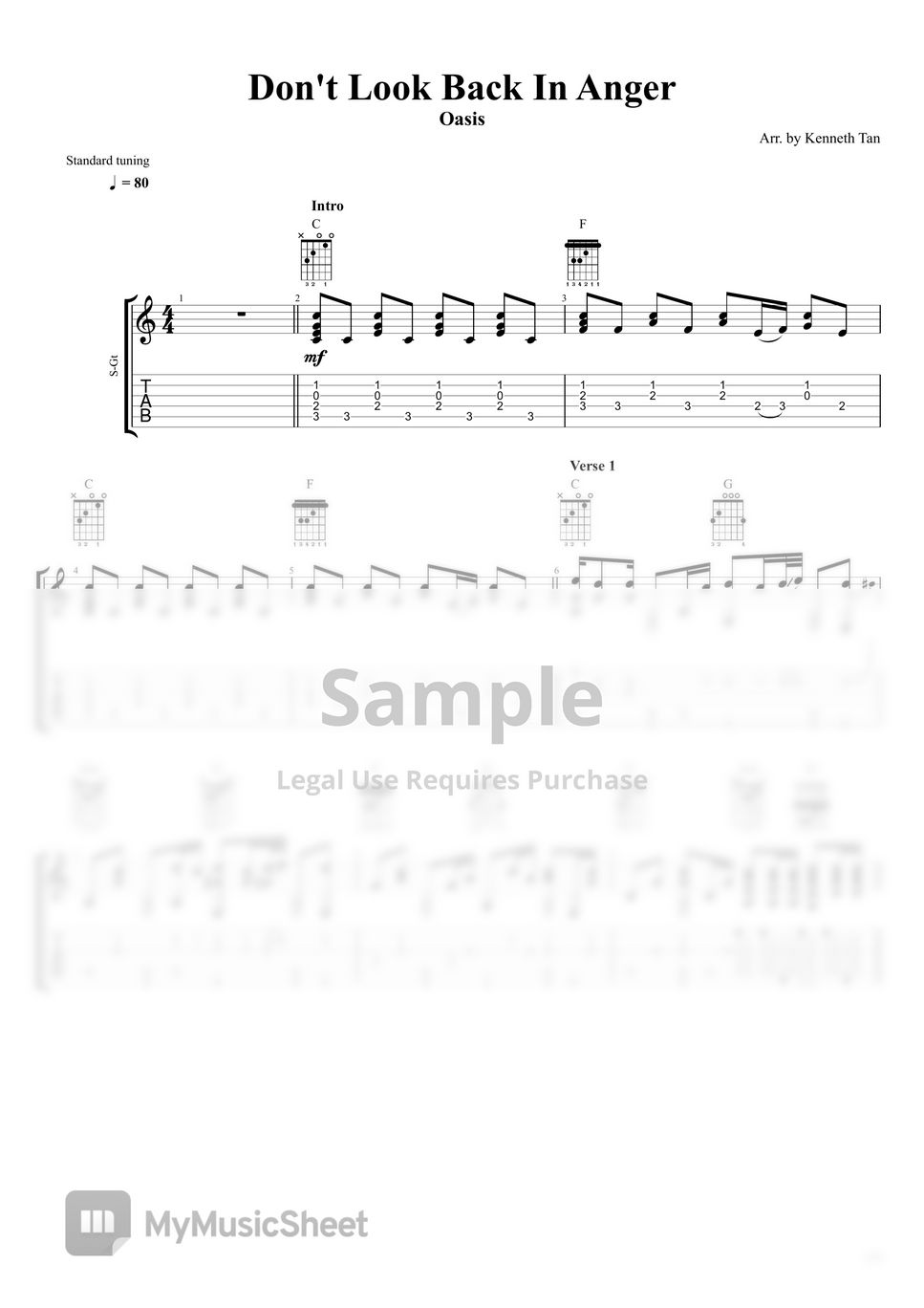 Oasis | Fingerstyle Guitar - Don't Look Back In Anger Noten by Kenneth ...