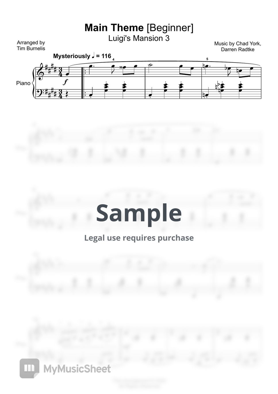 Luigi's Mansion 3 - Main Theme [Beginner] Sheets by Tim Burnelis