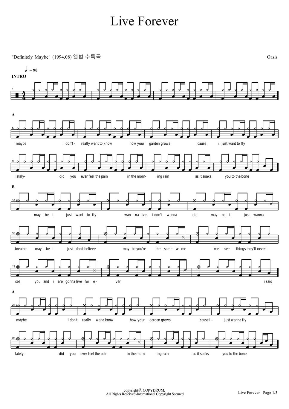 Oasis - Live Forever Sheet by COPYDRUM