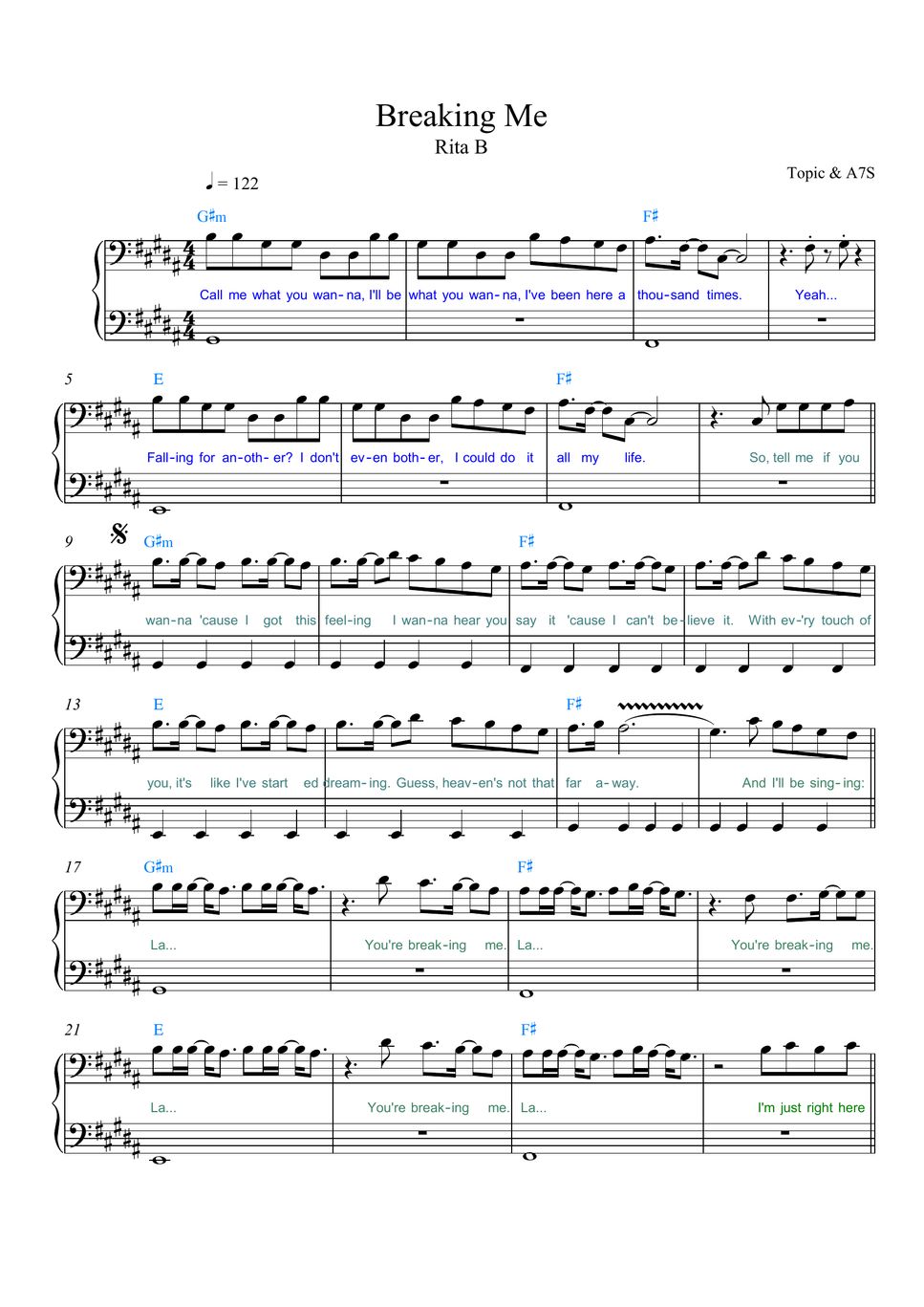 Topic, A7S - Breaking Me (Lyrics, chords) Sheets by Rita B