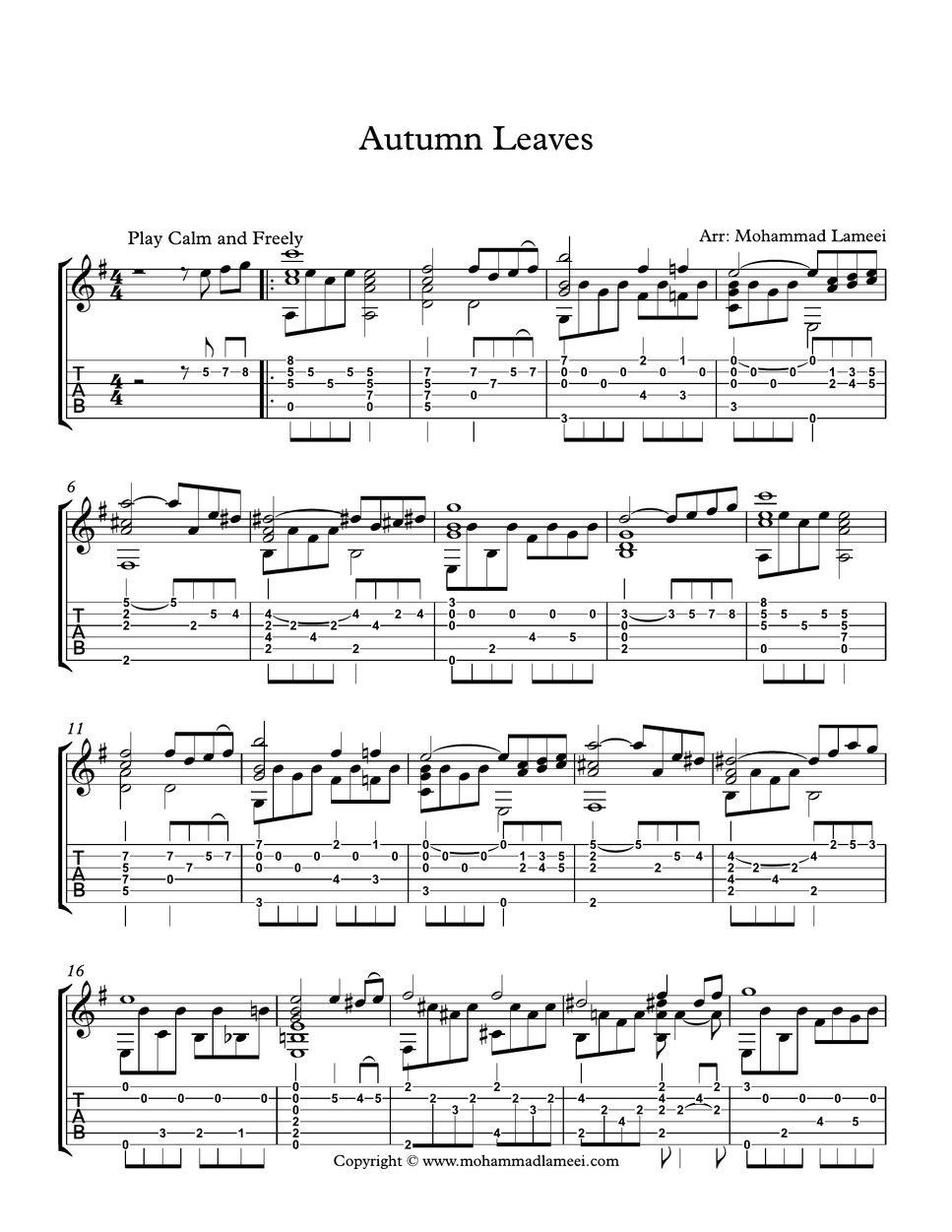 Joseph Kosma - Autumn Leaves Tab + Partition à une seule portée by Mohammad Lameei