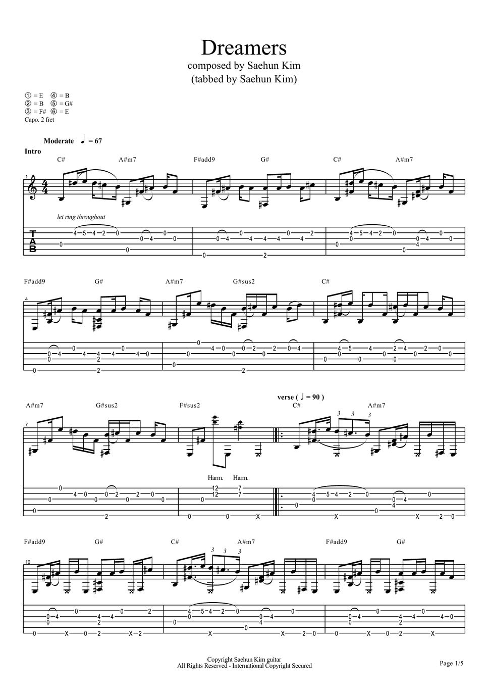 (Original 자작곡) Dreamers - fingerstyle guitar | Saehun Kim Sheets