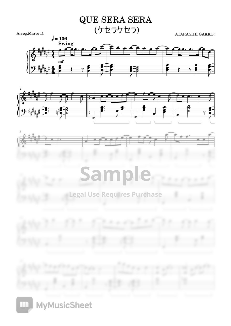 ATARASHII GAKKO! - QUE SERA SERA Sheet Music by Marco D.