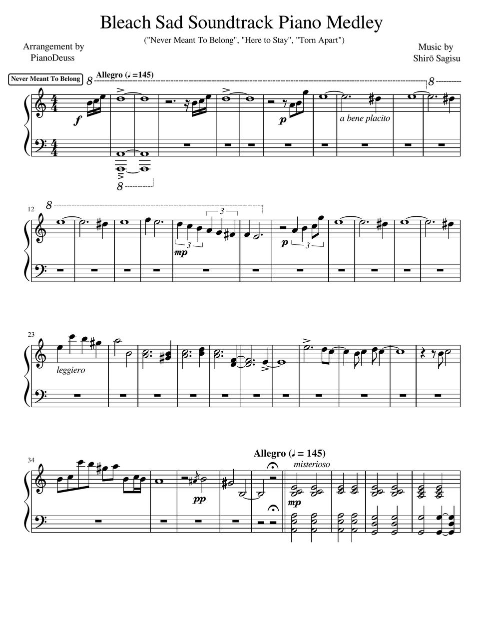 Sad Soundtrack Piano Medley (Part 1) - Bleach Sheets by PianoDeuss