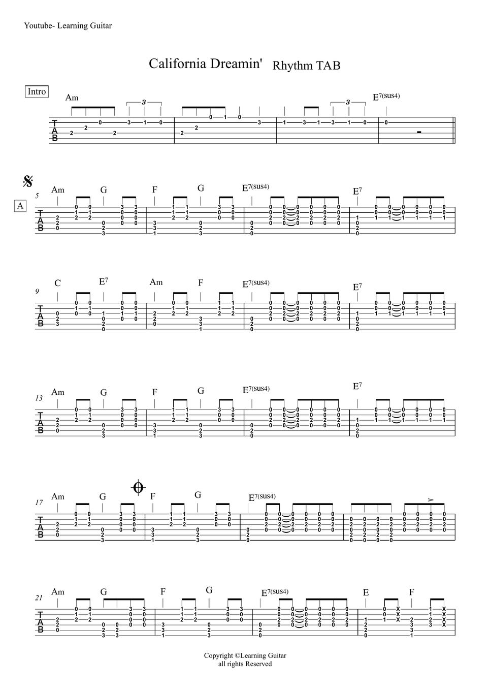 The Mamas&thepapas - California Dreamin' (Rhythm TAB) 樂譜 by Learning Guitar