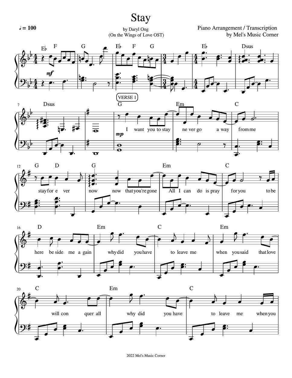 Daryl Ong - Stay (piano sheet music) نوتة by Mel's Music Corner
