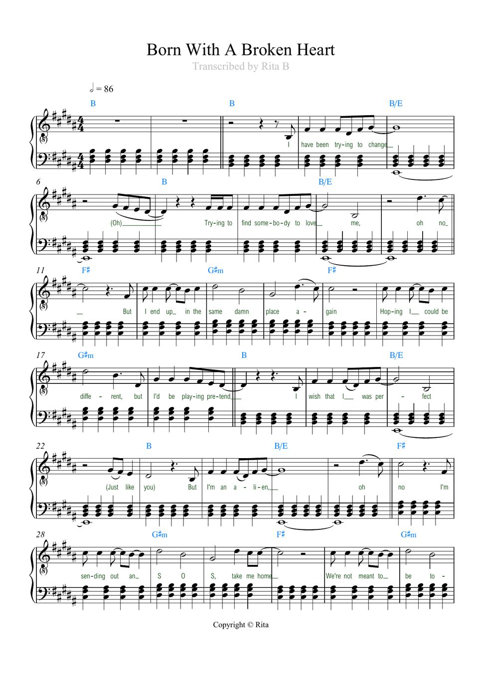 Damiano David - Born With A Broken Heart (Lyrics) 악보 by Rita B