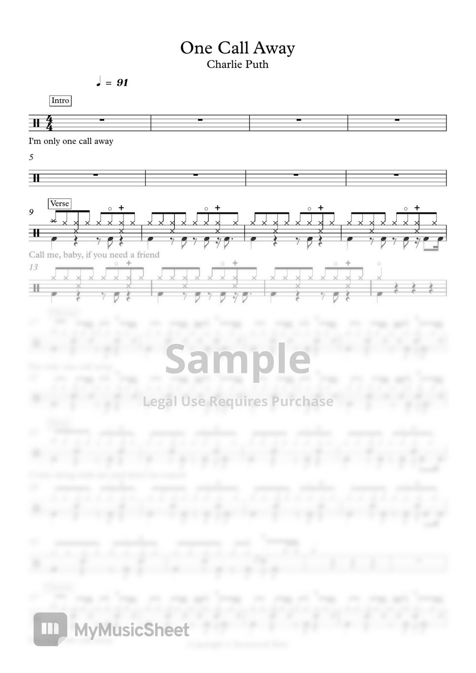 Charlie Puth - One Call Away (드럼악보) Sheets by Seonwook Kim