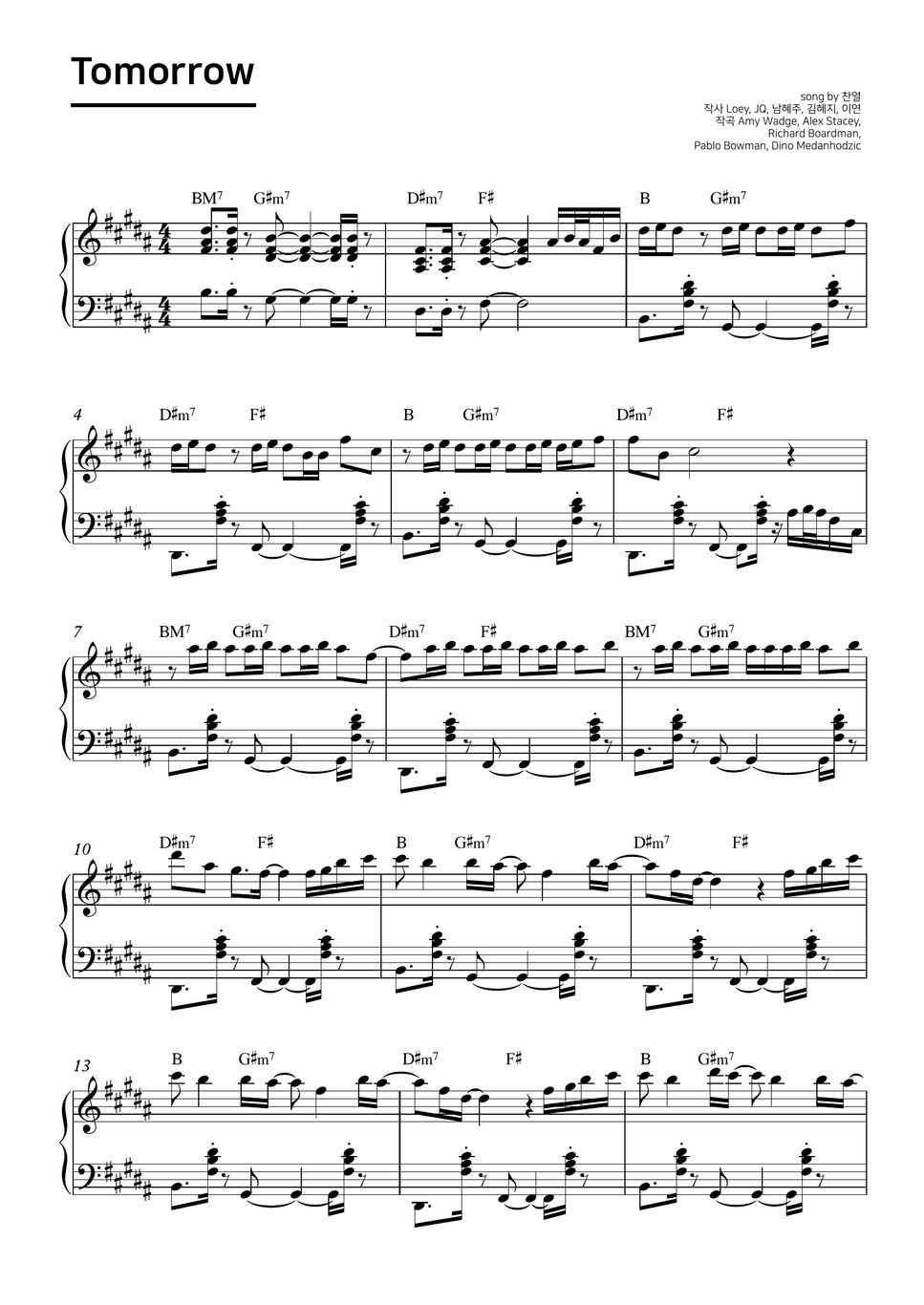 CHANYEOL (찬열) - Tomorrow (Easy Key Include) Sheet by SweetPiano