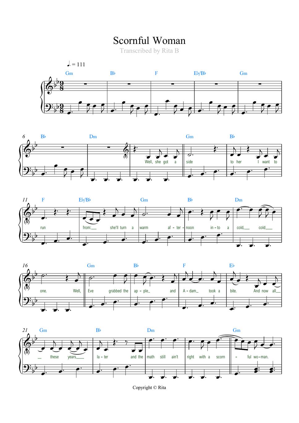 Oliver Anthony Music - Scornful Woman (lyrics/chords) 악보 by Rita B