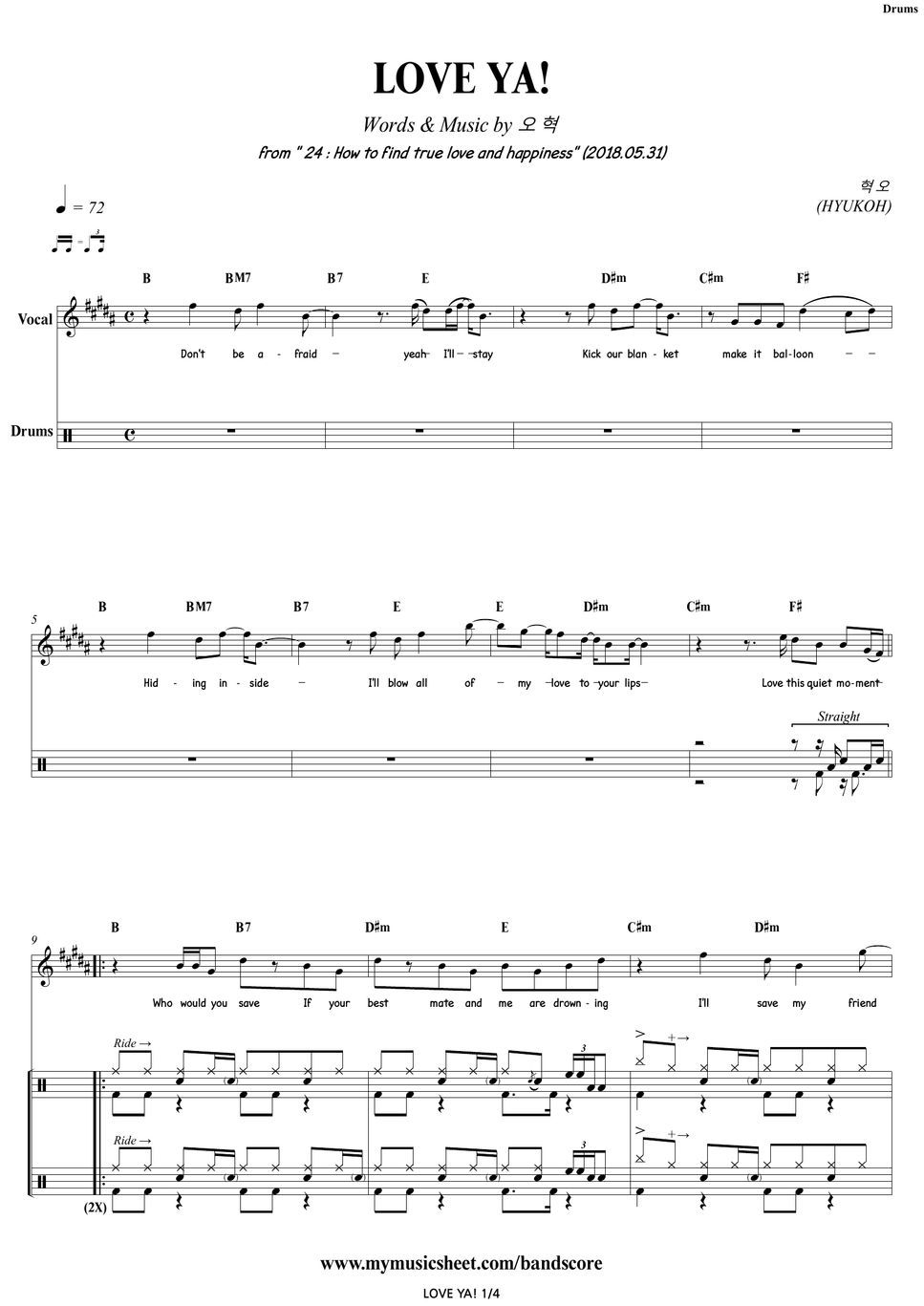HYUKOH - LOVE YA! | Drums Sheet