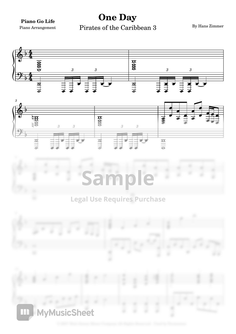 Pirates of the Caribbean 3 - One Day (Hans Zimmer) Sheet Music by Piano ...
