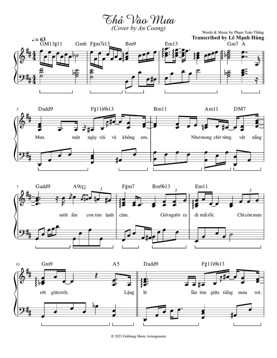 Cover By An Coong Thả Vào Mưa Transcribed Sheets By Le Manh Hung