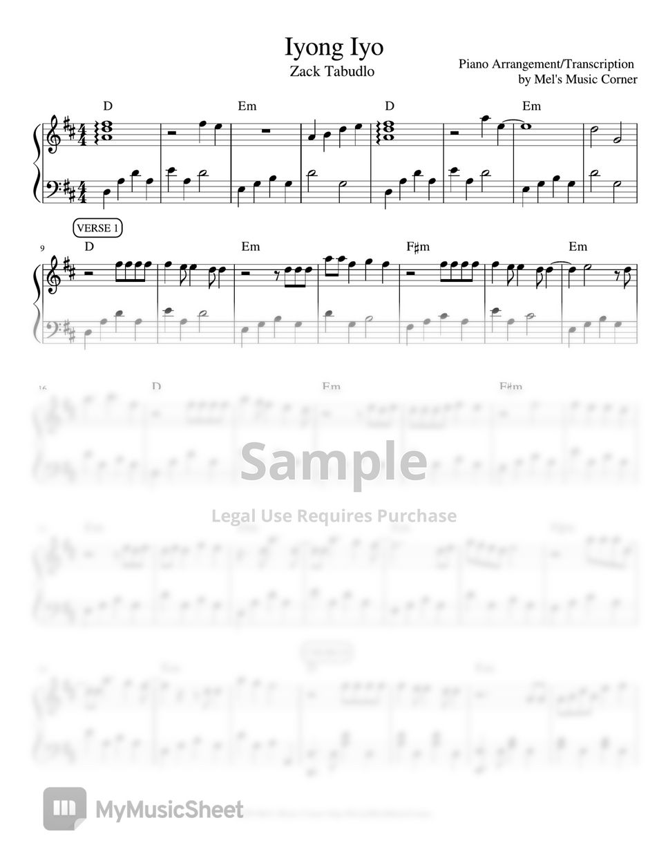 Zack Tabudlo - Iyong Iyo (piano sheet music) Sheets by Mel's Music Corner