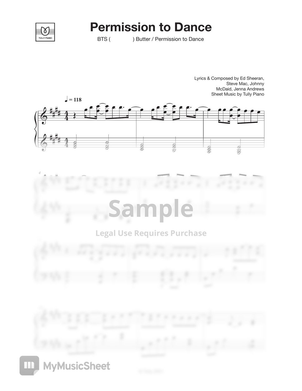 BTS(방탄소년단) - Permission to Dance (2 Sheets) Sheet Music by Tully Piano