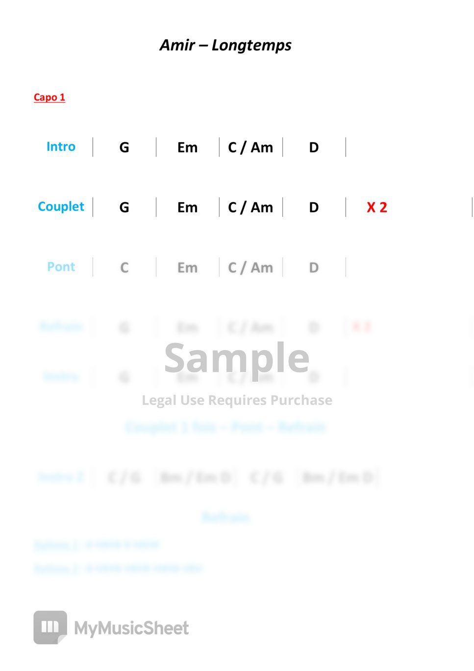 Amir - Longtemps Sheets by Accords et rythme pour la guitare