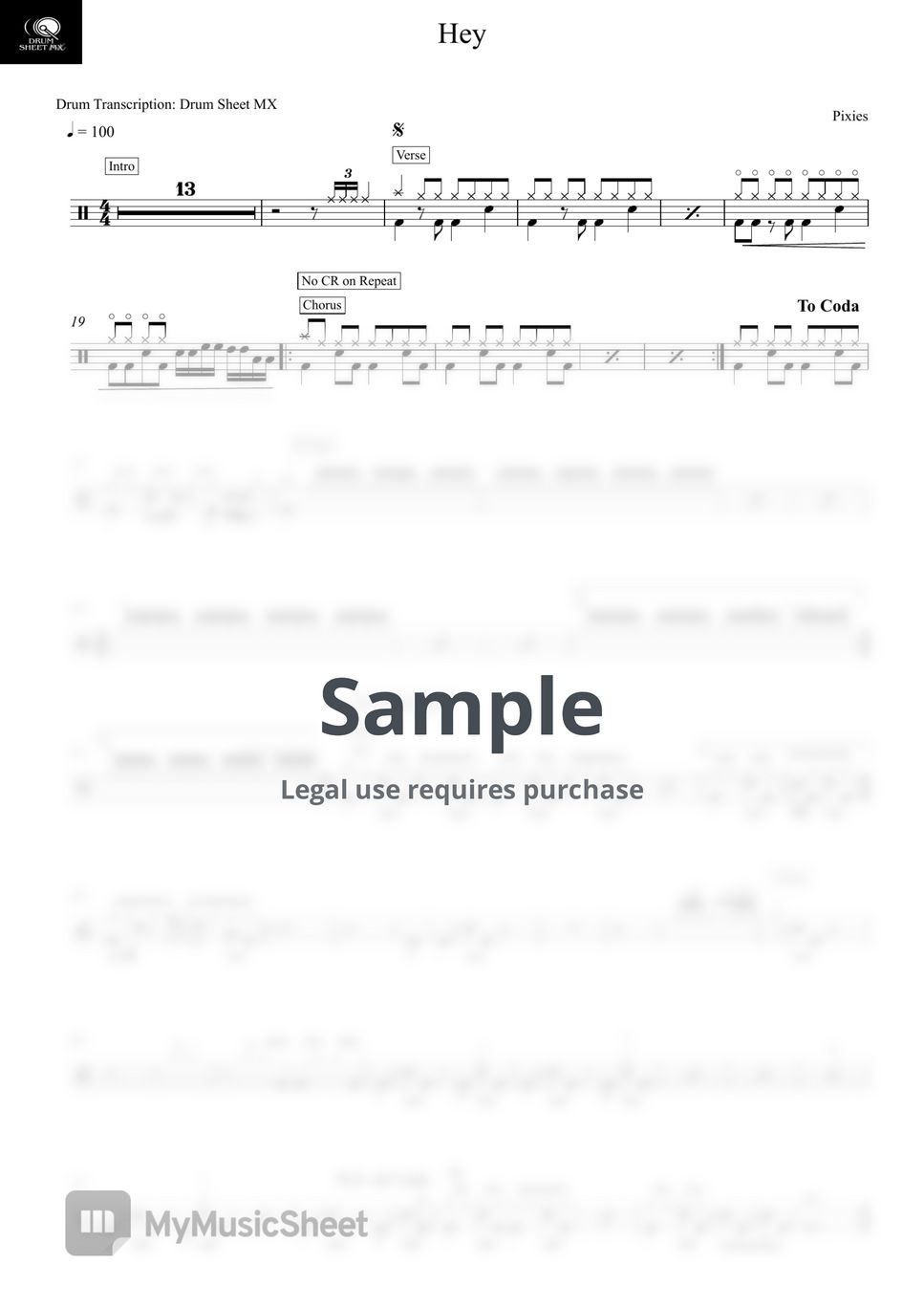 Pixies - Hey Sheet Music by Drum Transcription: Drum Sheet MX