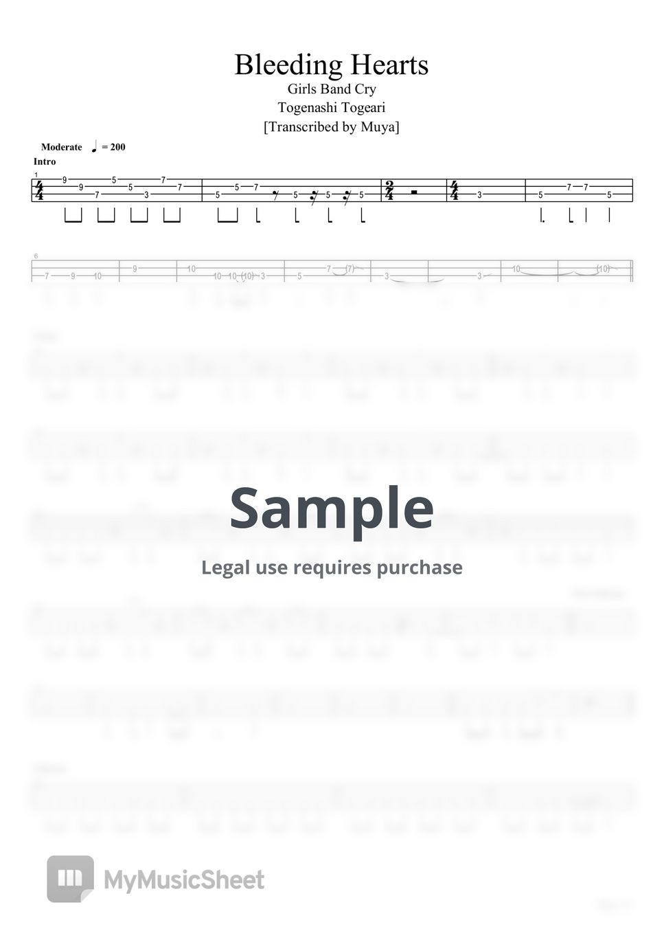 Togenashi Togeari - Bleeding Hearts (Bass TAB) 악보 by Muya