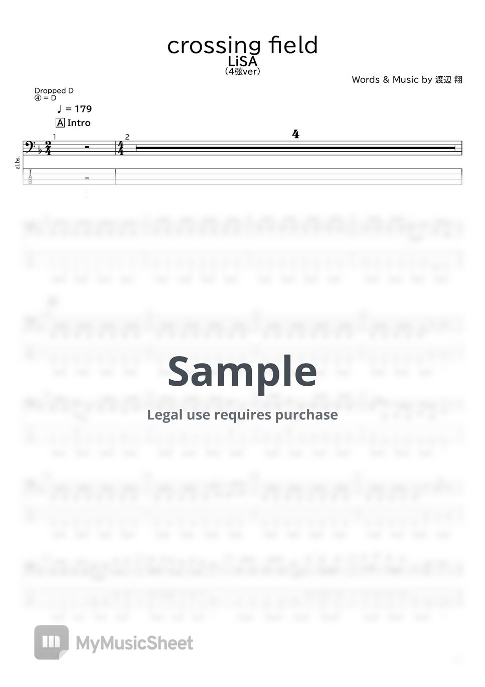 LiSA - crossing field(4弦ver) Sheets by たぶべー＠財布に優しいベース楽譜屋さん（BASS・TAB譜）