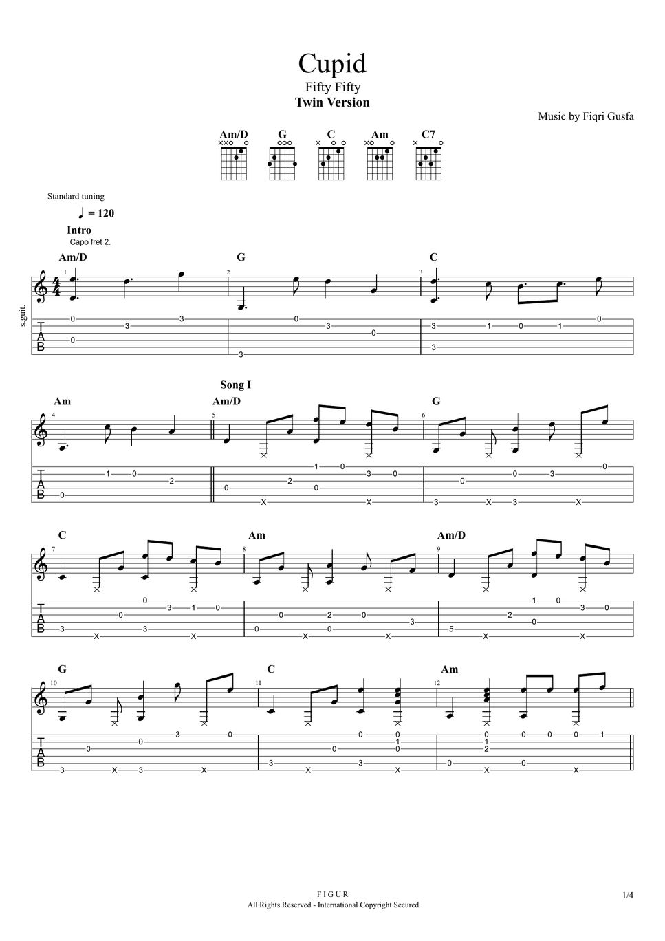 Fifty Fifty - Cupid (Twin Version) Tab + 단선 악보 by Fiqri Gusfa