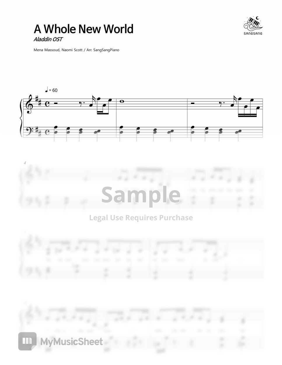 Disney Aladdin OST - A whole new world 악보 by SangSangPiano