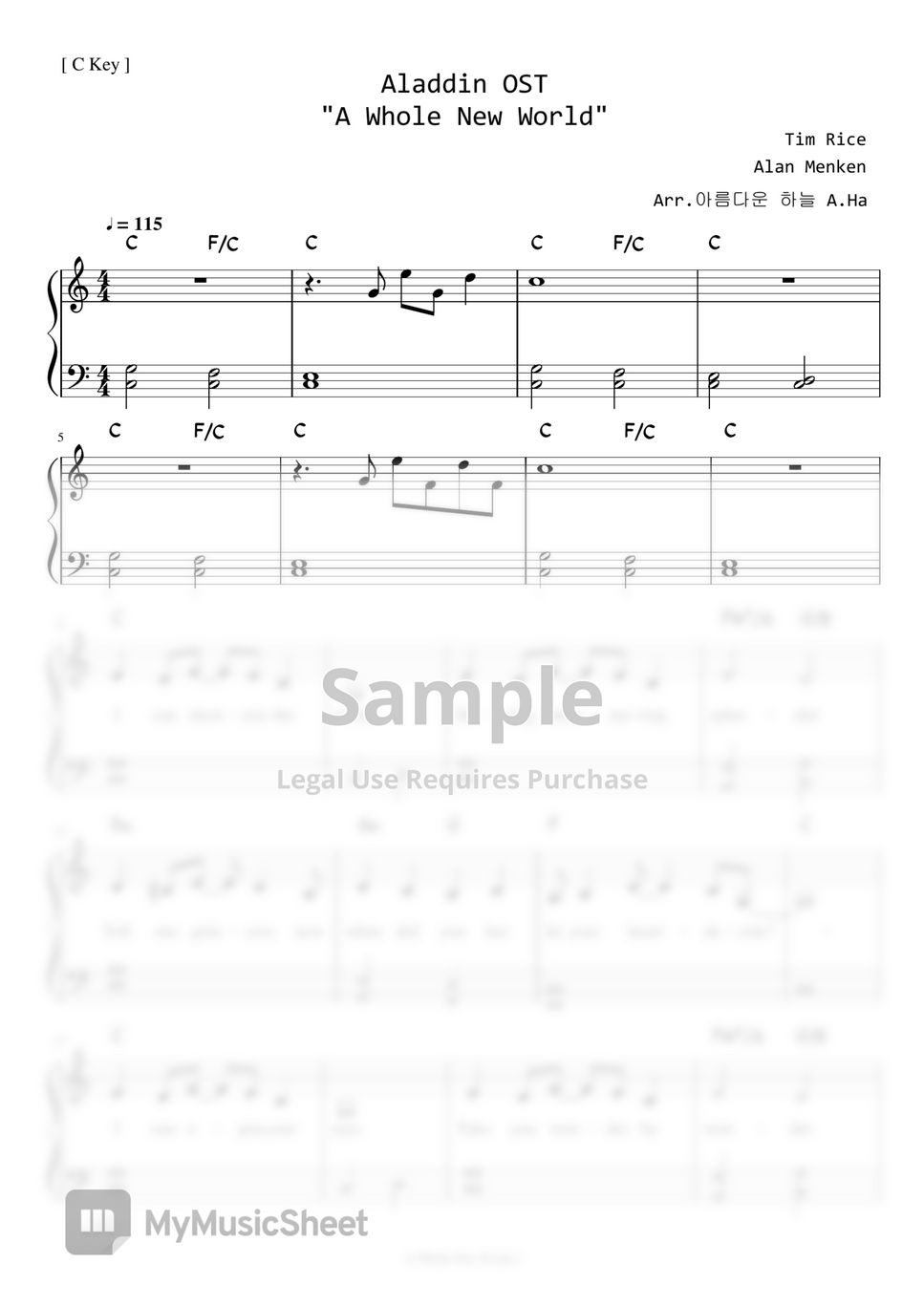 Aladdin OST - "A Whole New World" [Level 1] 악보 by A.Ha