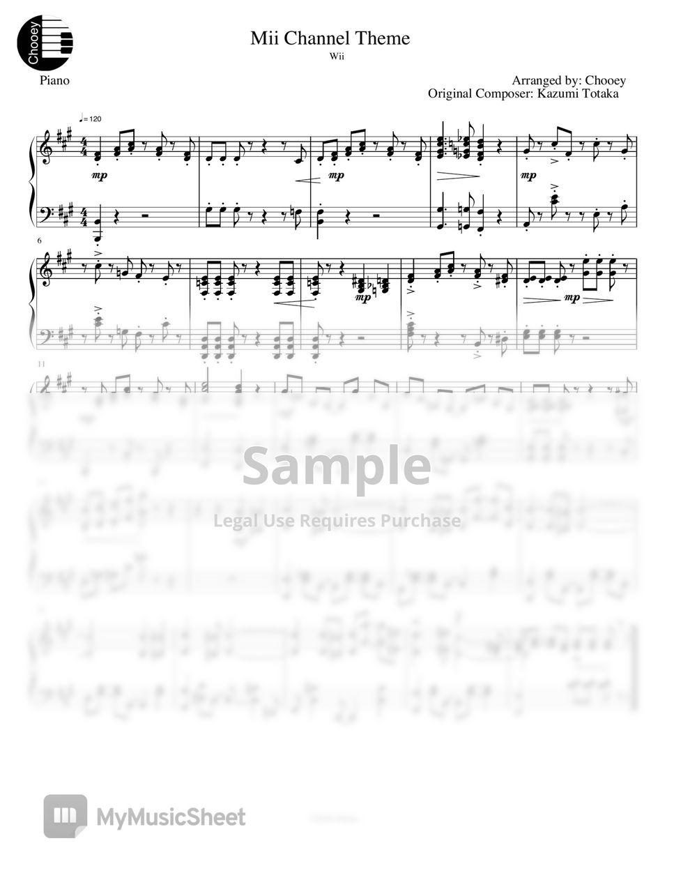 Kazumi Totaka - Mii Channel Theme (Wii) Sheet Music by Chooey