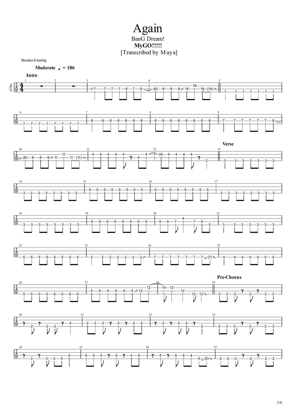 MyGO!!!!! - Again (Bass TAB) Sheets by Muya
