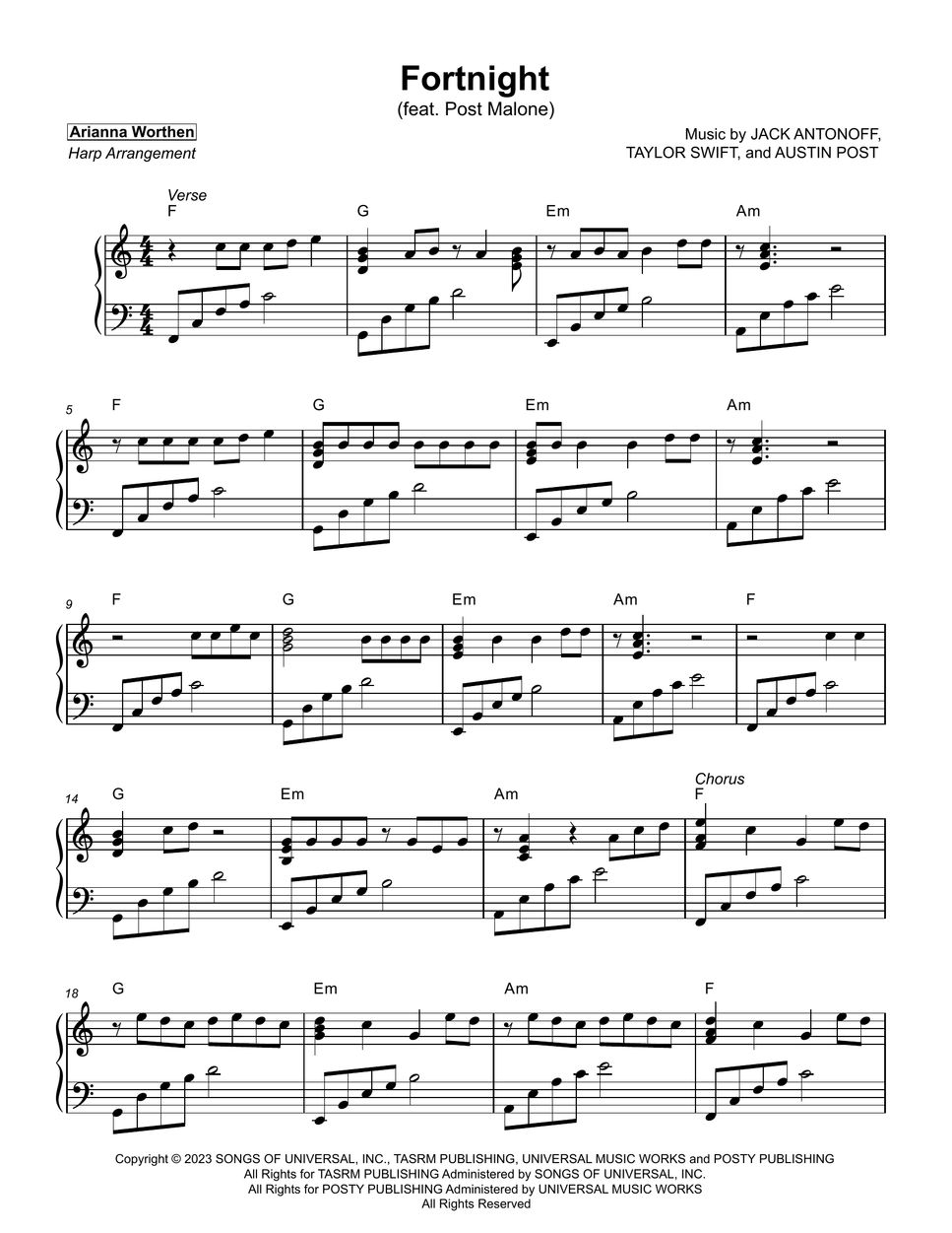 Taylor Swift - Fortnight Sheet Music by Arianna Worthen