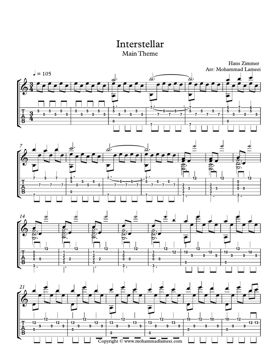 Hans Zimmer - Interstellar Tab + 1staff by Mohammad Lameei
