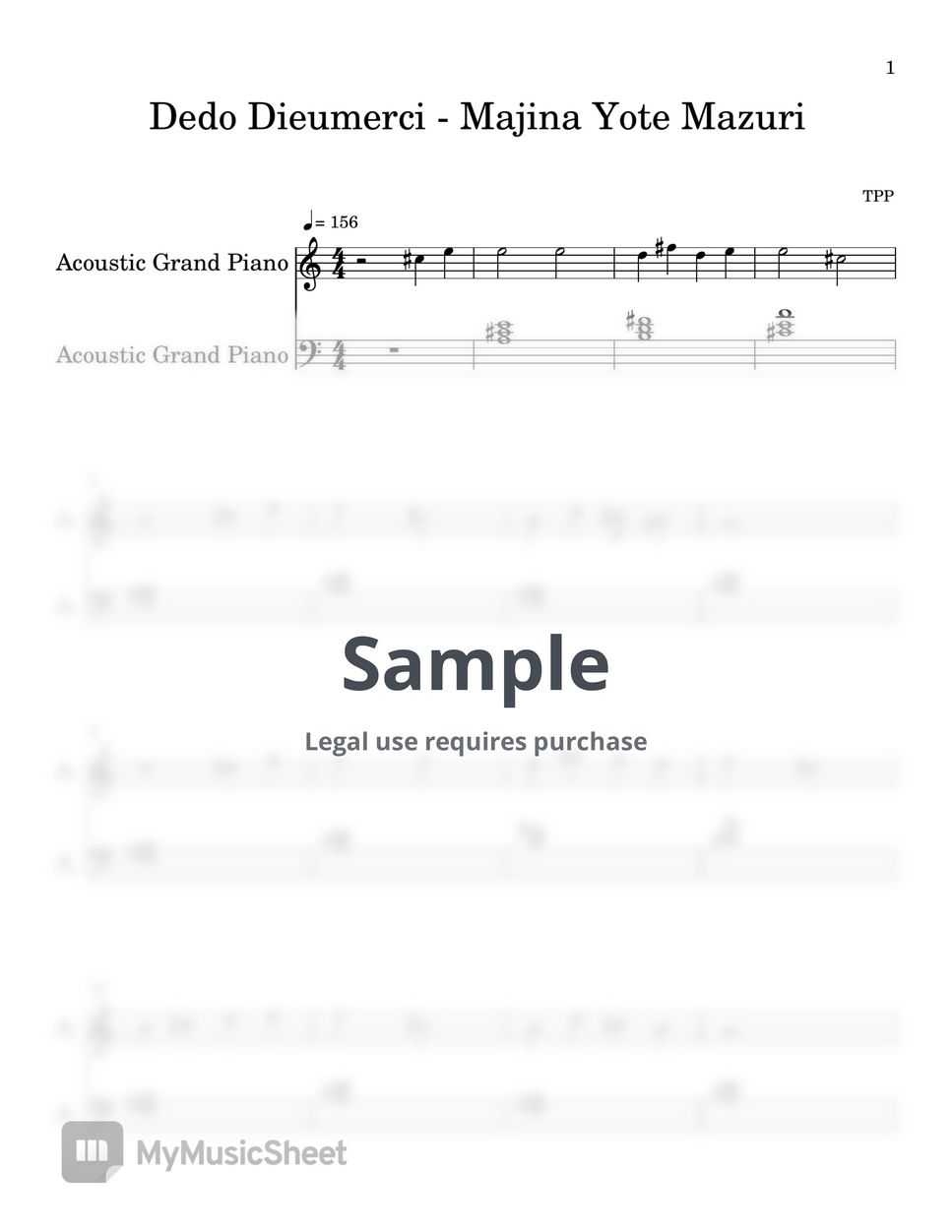 Dedo Dieumerci - Majina Yote Mazuri (PIANO SHEET) 악보 by TPP
