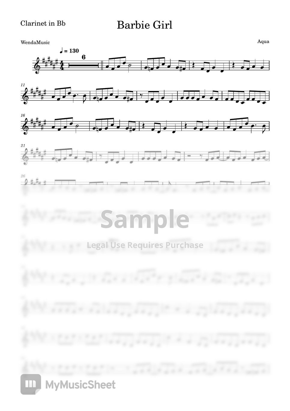 Aqua Barbie Girl Clarinet In Bb Sheets By Wendamusic