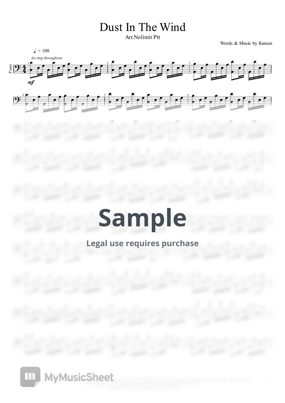 Kansas - Dust in the wind (Piano) Sheet Music by Nolimit Ptt