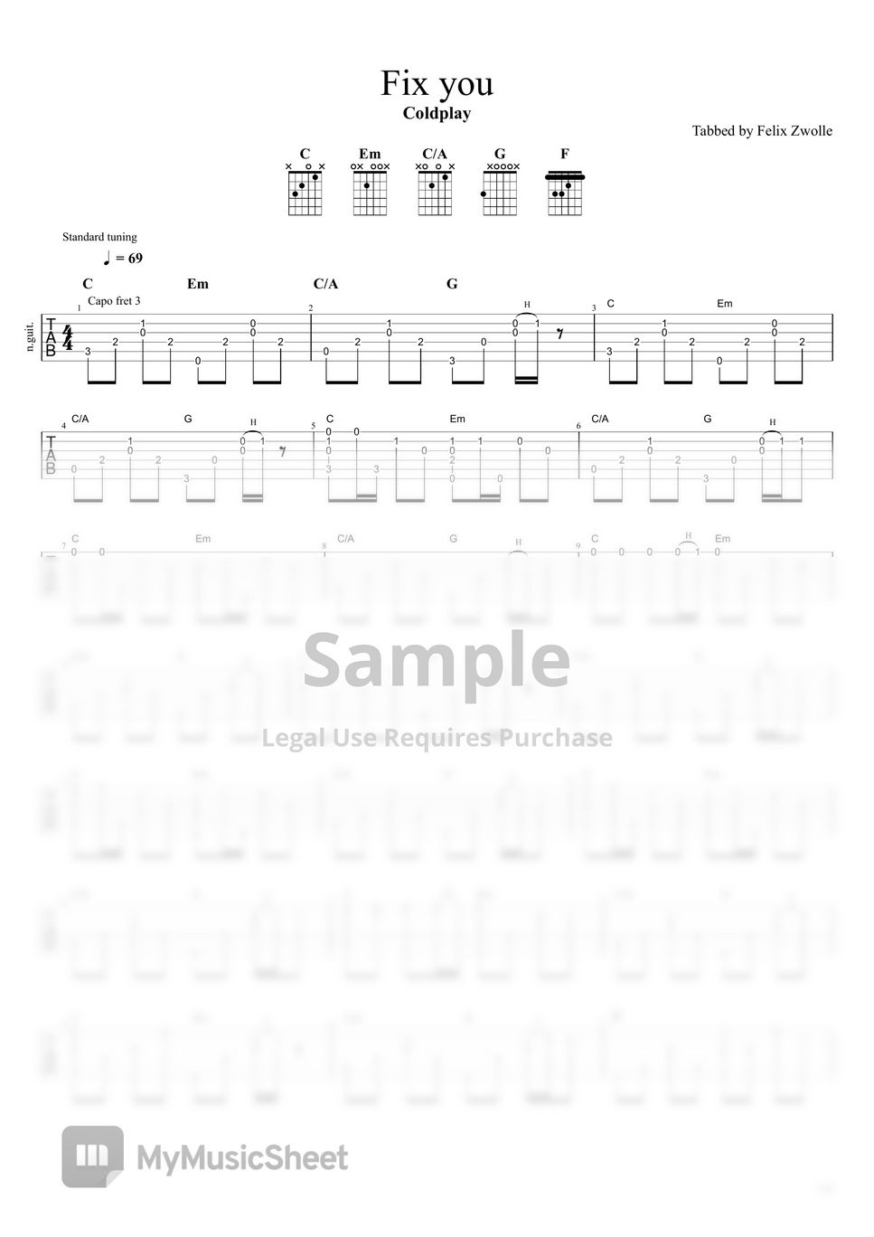 Coldplay - Fix you Sheet Music by Fingerstyle master