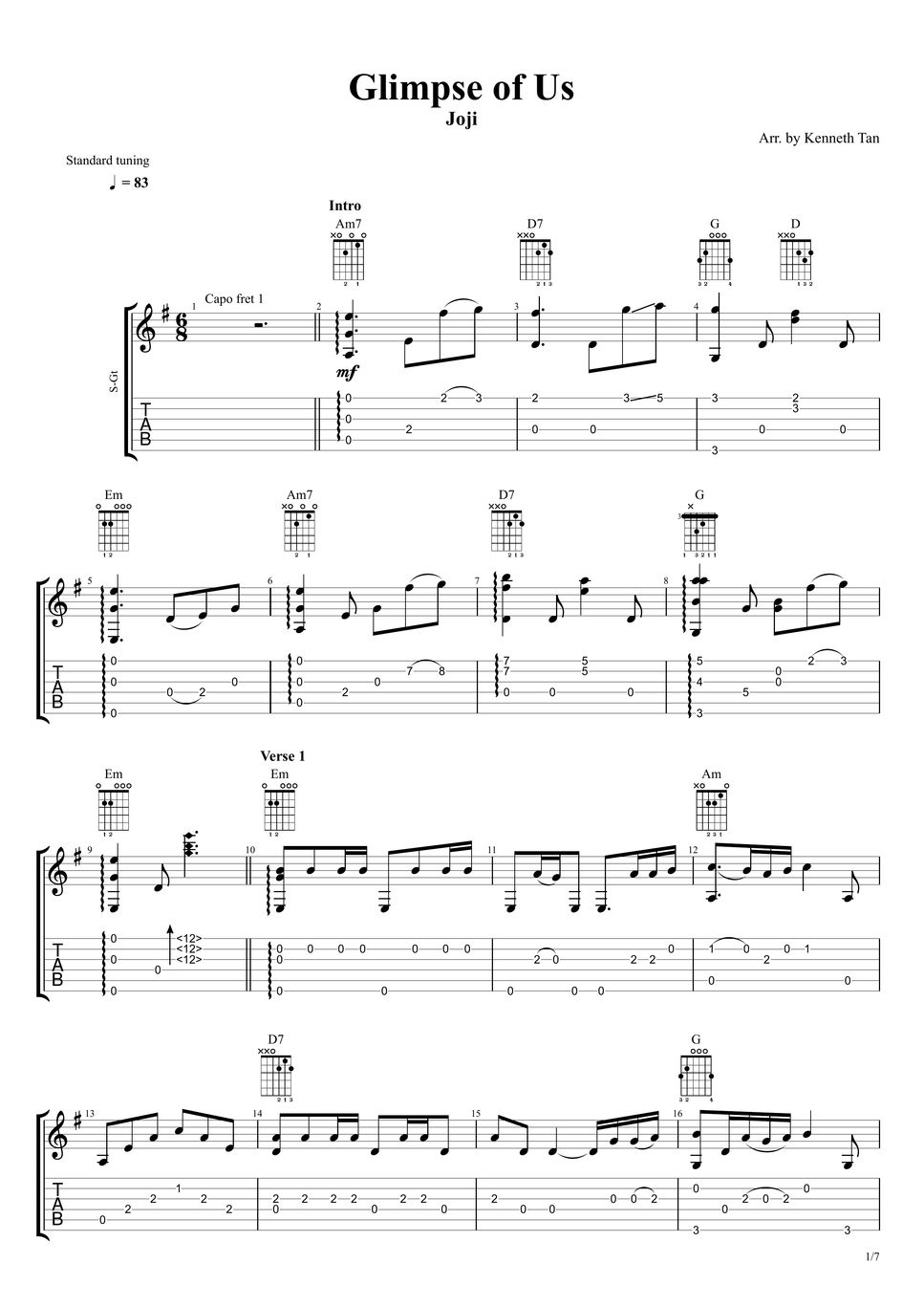 Joji | Fingerstyle Guitar - Glimpse of Us Partitura by Kenneth Acoustic