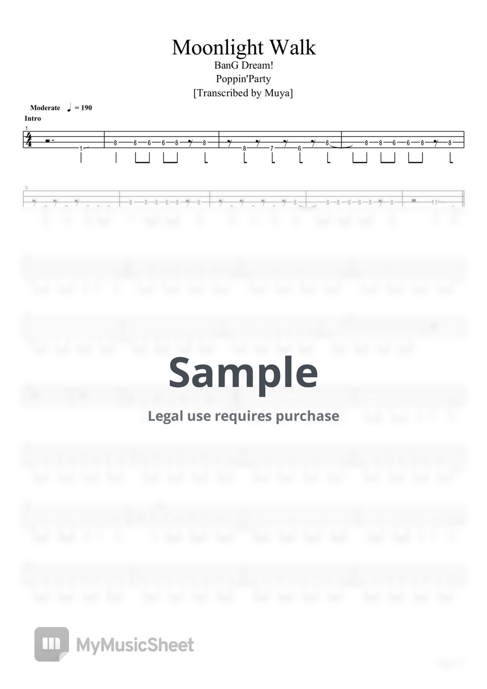 Poppin'Party - Moonlight Walk (Bass TAB) Sheets by Muya